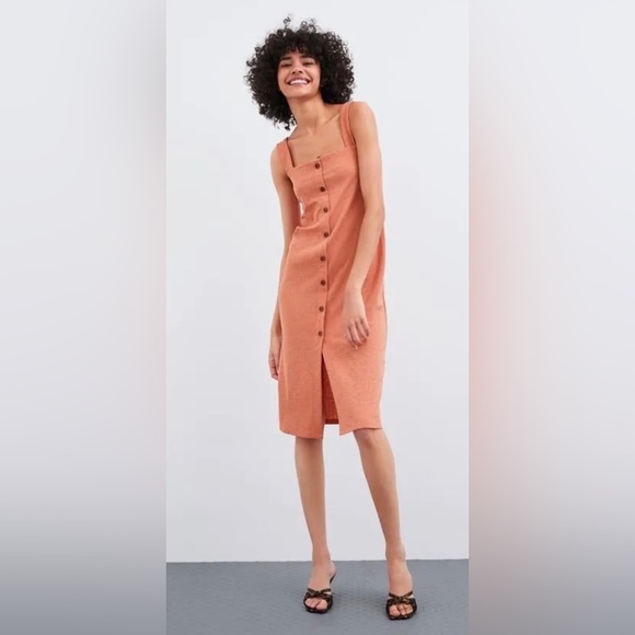 Zara | Dresses | Zara Peach Coral Pink Button Down Midi Dress Size S ...